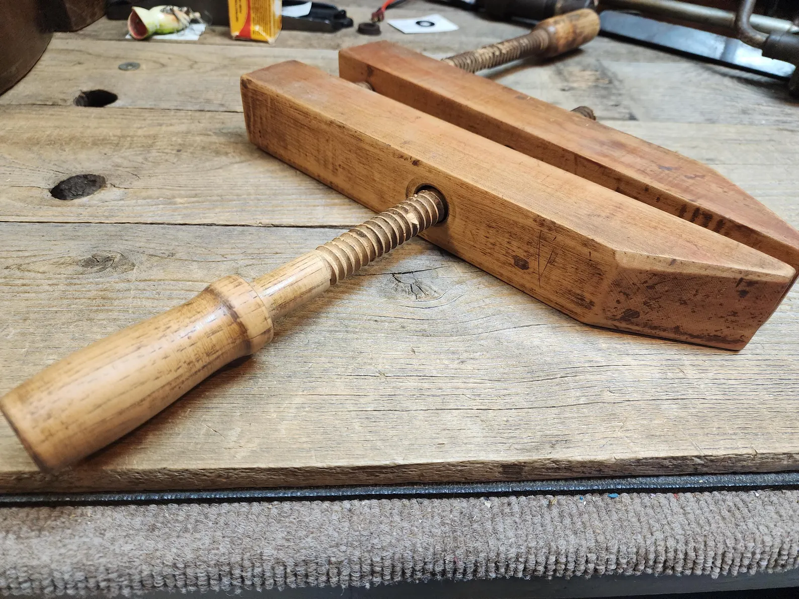 Antique Wooden 12" Parallel Jaw Wood Clamp with Wood Threads - Old ...